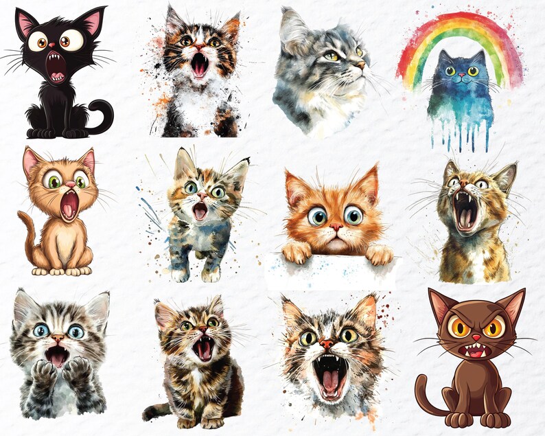Scared Cat Png Clipart Bundle | Watercolor Scared Cat Png Files ...