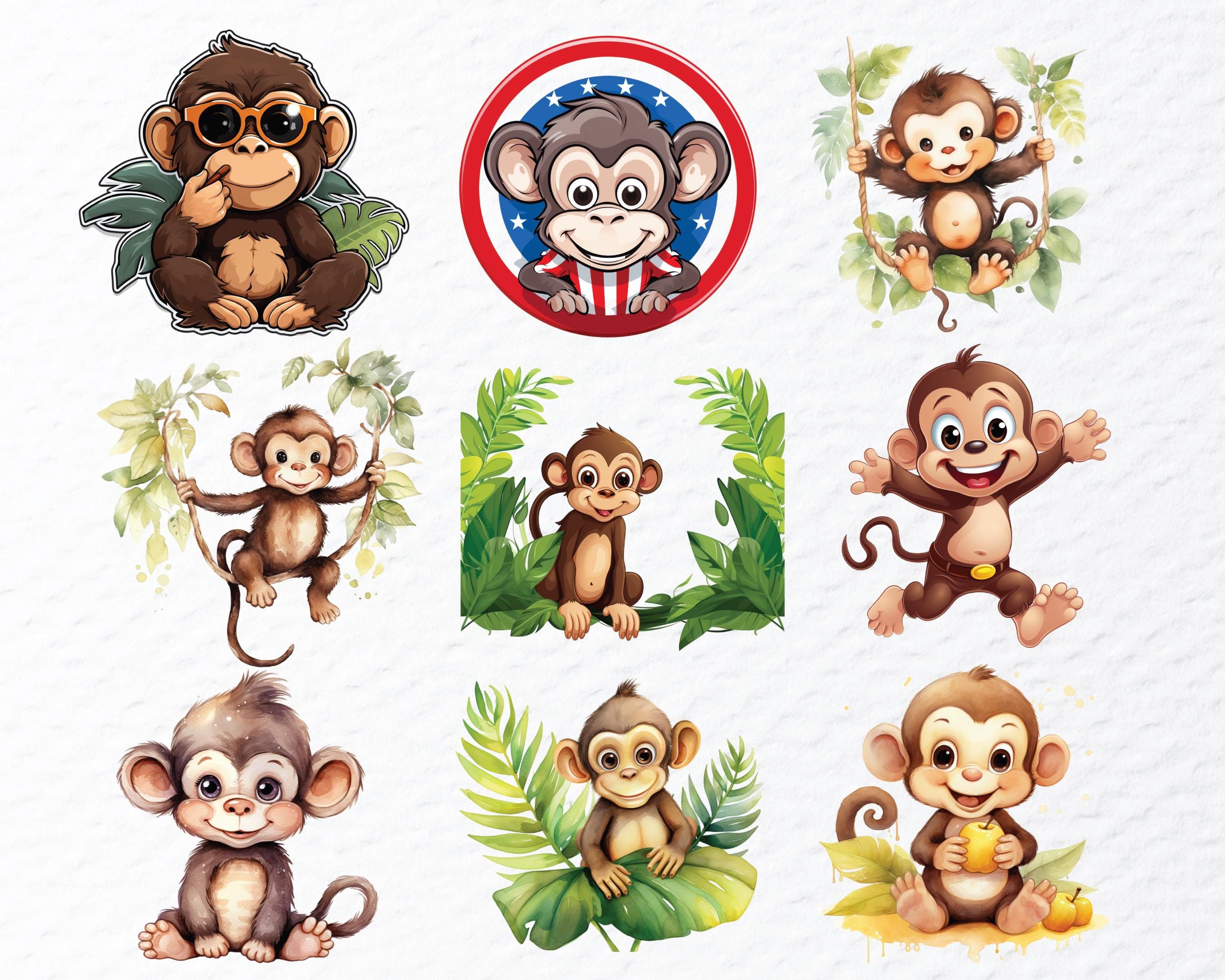Watercolor Monkey Clipart Bundle: Safari Animal PNG Files (digital ...