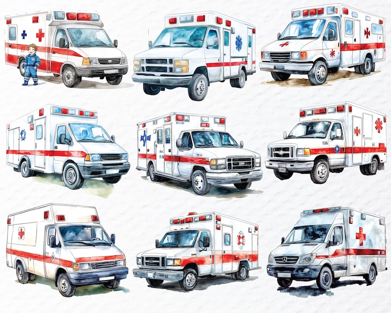 Watercolor Ambulance Clipart Bundle: Emergency Vehicle PNG Files ...