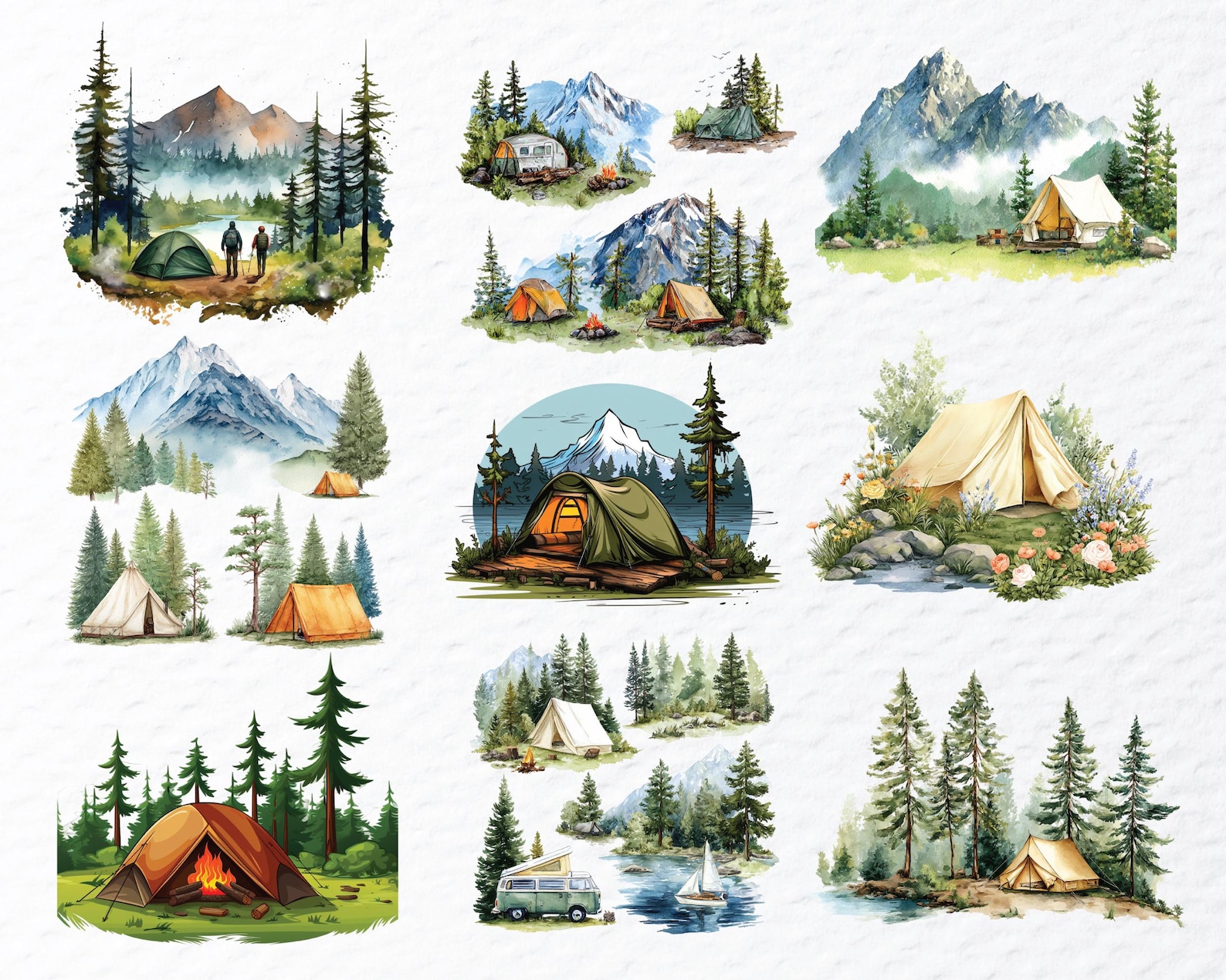 Watercolor Camping Clipart Bundle: Forest Adventure PNG Files (digital ...