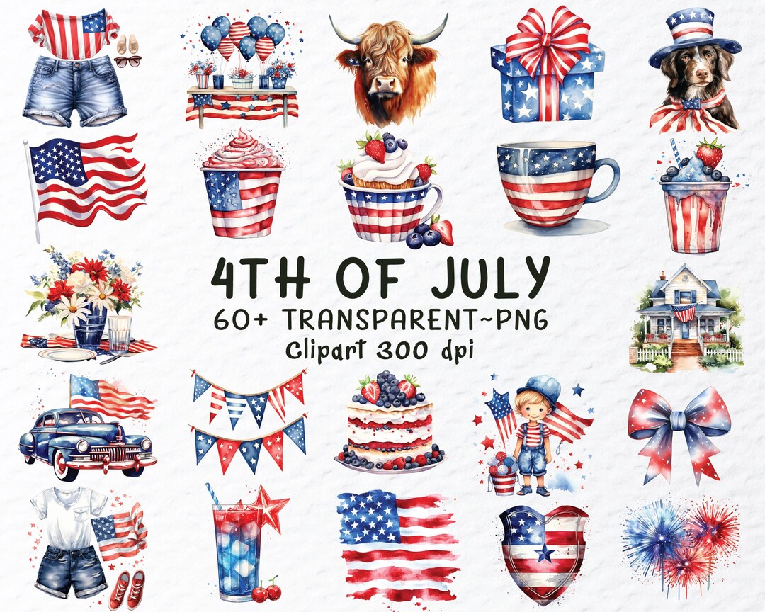 Watercolor 4th of July Clipart Bundle, Patriotic PNG Files (digital ...