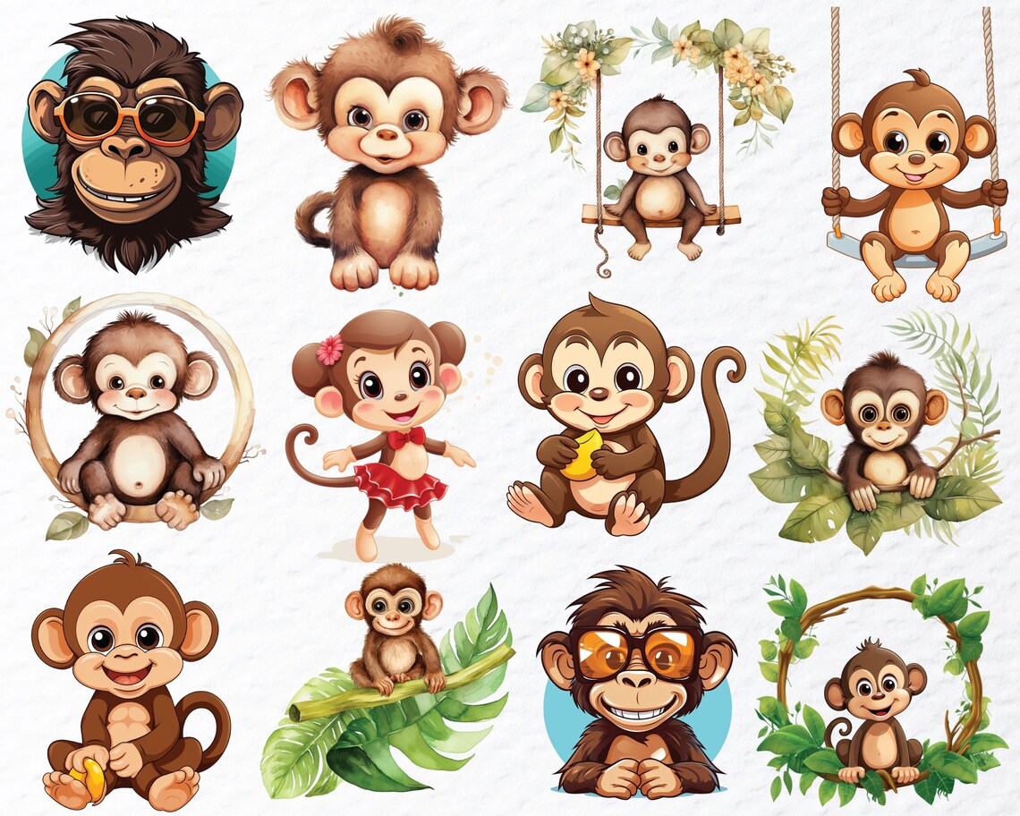 Watercolor Monkey Clipart Bundle: Safari Animal PNG Files (digital ...