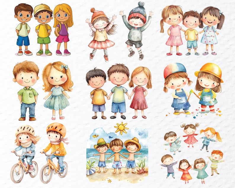 Watercolor Kids Clipart Bundle: Boys & Girls PNG Files (digital ...