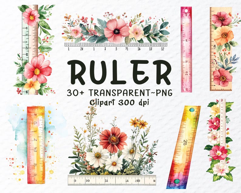 Ruler Png Clipart Bundle | Watercolor Ruler Png Files, Floral Ruler ...
