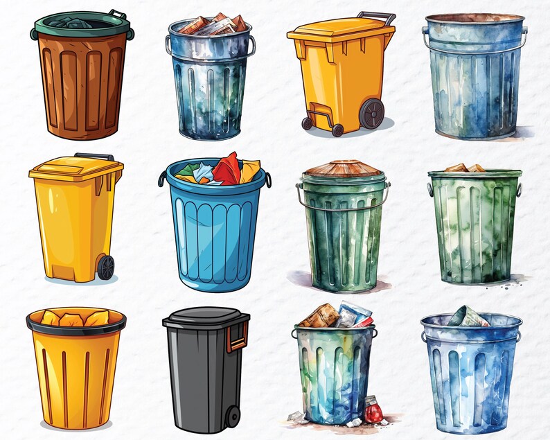Watercolor Trash Bin Png Clipart Bundle, Trash Bin Png Files, Recycling ...
