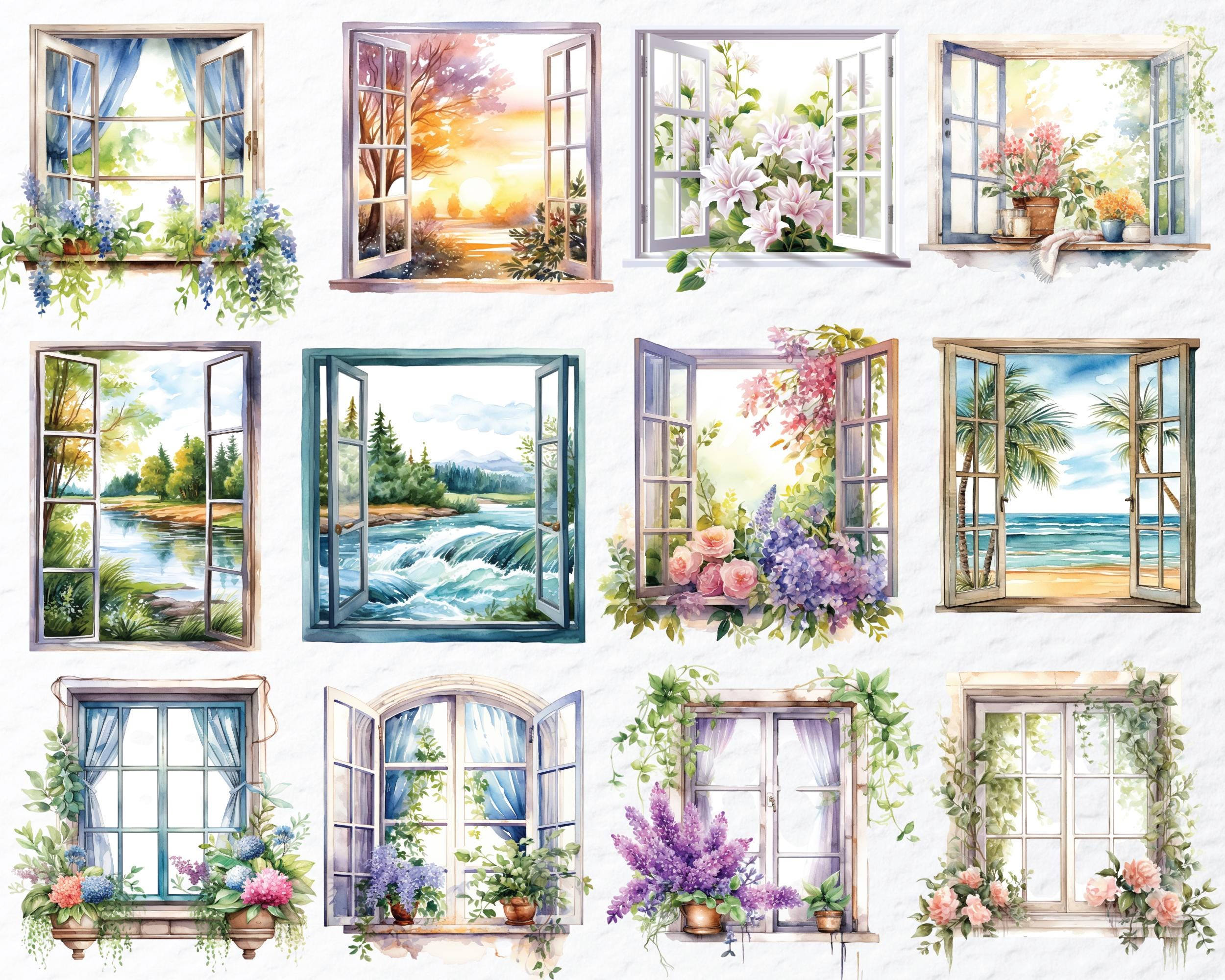 Watercolor Window Clipart Bundle: Transparent PNG Files (1024x1024px ...