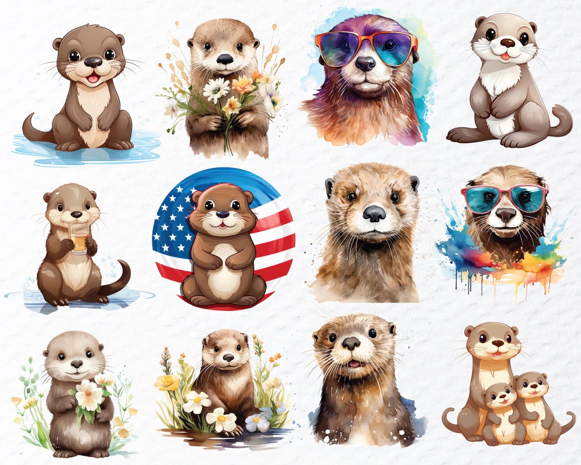 Watercolor Otter Clipart Bundle: Woodland Animal PNG Files (digital ...