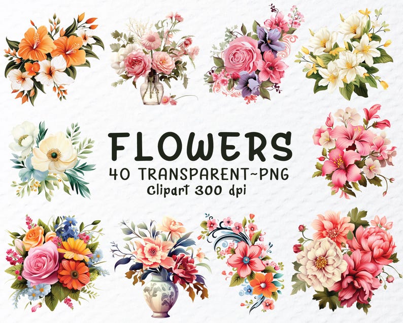 Watercolor Flower Clipart Bundle: Floral PNG Files (digital Download ...