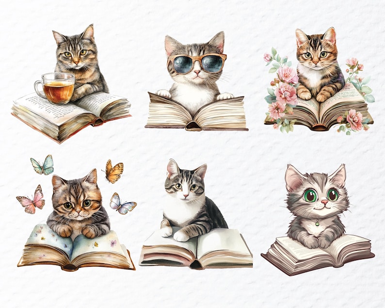 Cat on Book Png Clipart Bundle | Watercolor Cat on Book Png Files ...
