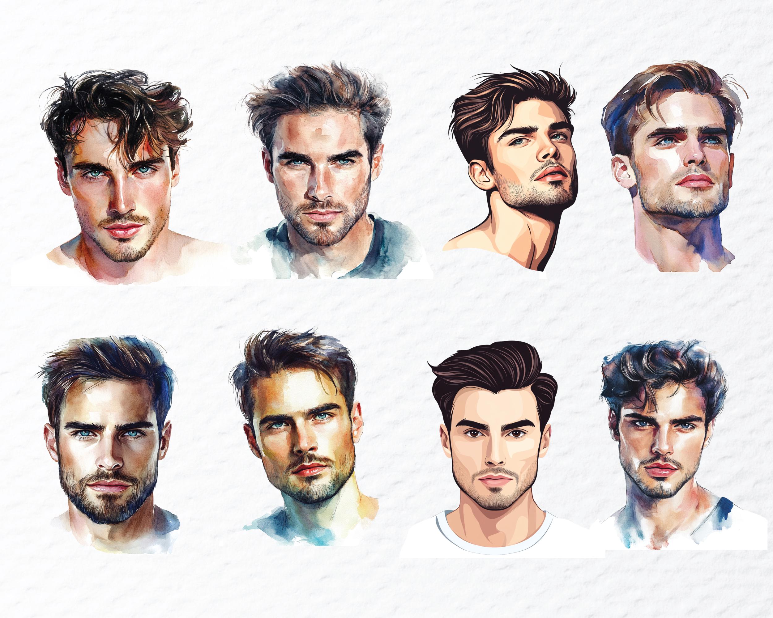 Watercolor Man Face PNG Clipart Bundle: Transparent Portrait Decals ...