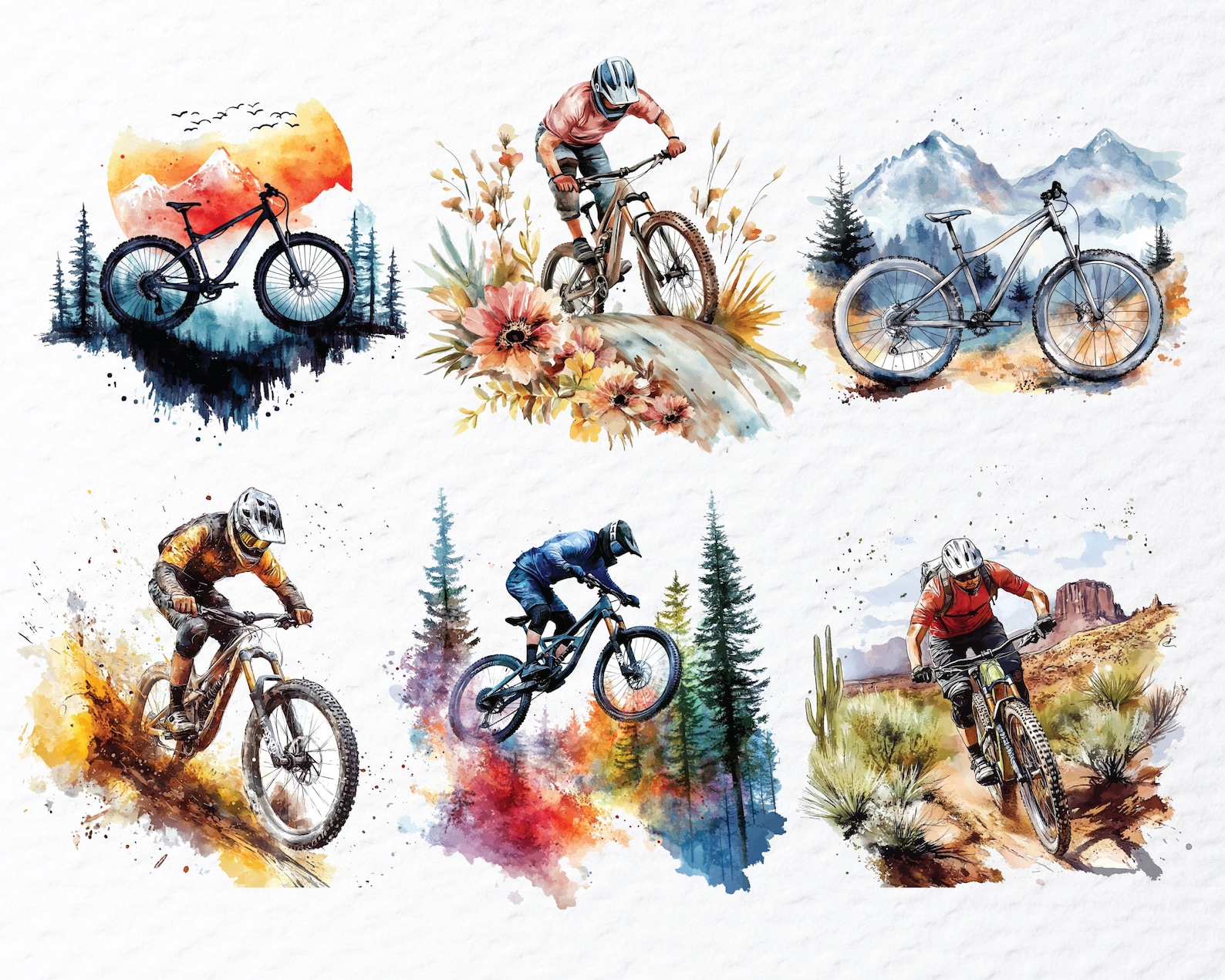 Watercolor Mountain Bike Clipart Bundle: Off-road Cycling PNG Files ...