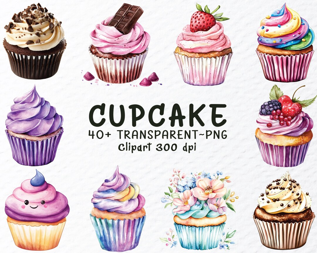 Watercolor Cupcake PNG Clipart Bundle: Birthday Dessert Graphics ...