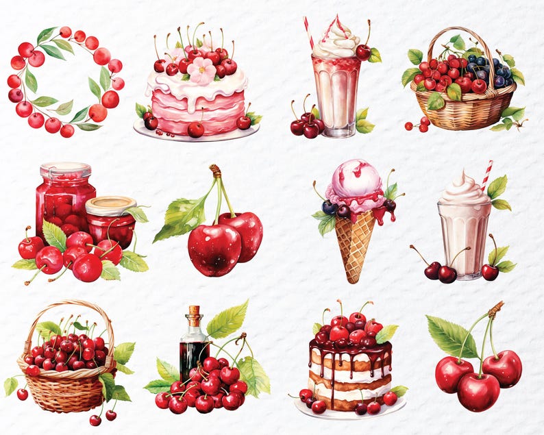 Watercolor Cherry Clipart Bundle: Fruit Bows, Desserts (PNG Files ...