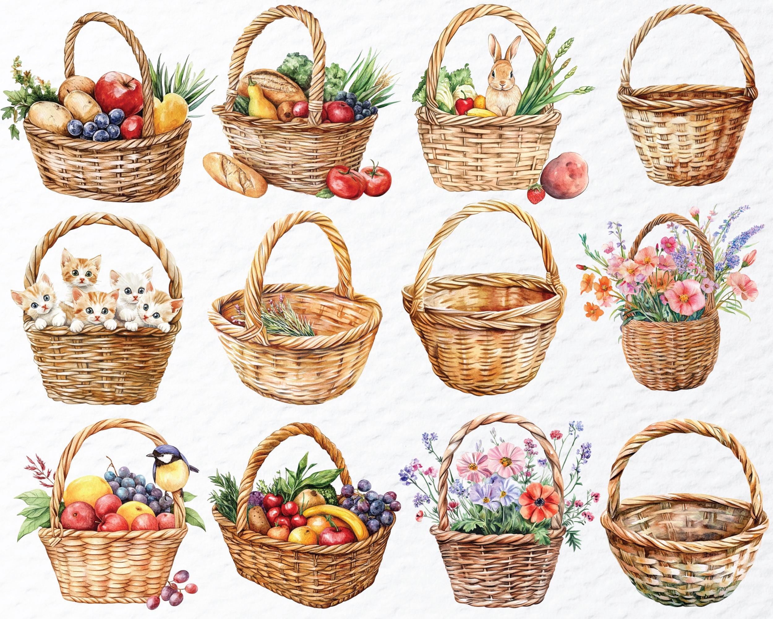 Watercolor Wicker Basket Png Clipart Bundle, Wicker Basket Png File ...