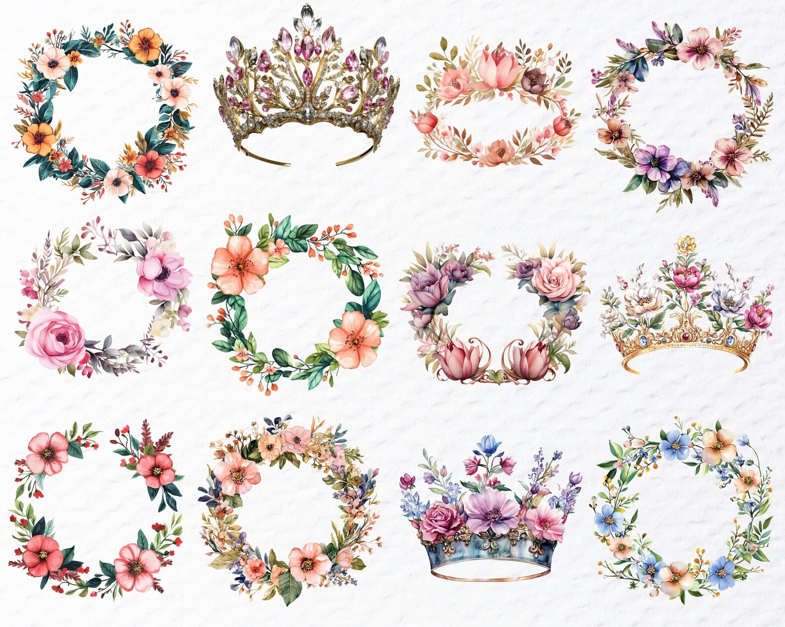 Watercolor Floral Crown Clipart Bundle: Boho PNG Files (digital ...