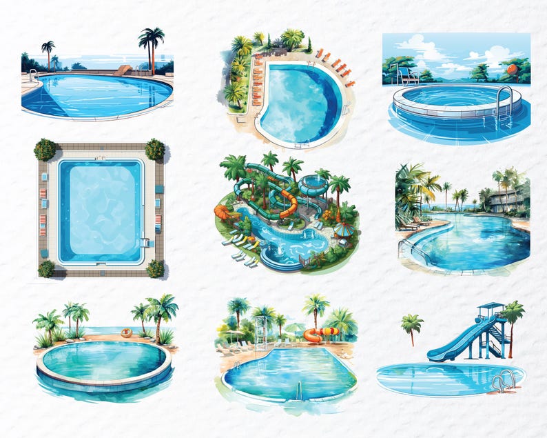 Watercolor Swimming Pool Clipart Bundle, Summer PNG Files (digital ...