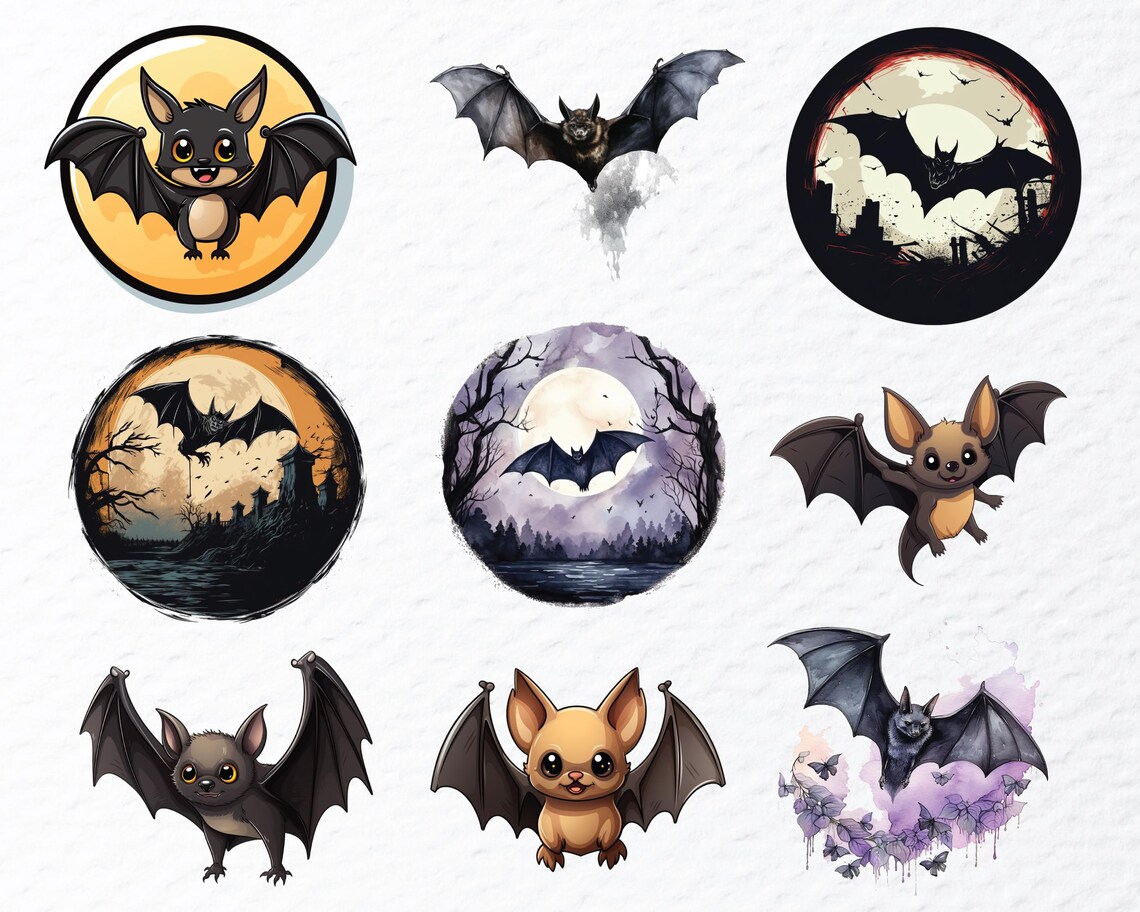 Watercolor Bat Clipart Bundle: Spooky Halloween PNG Files (1024x1024px ...