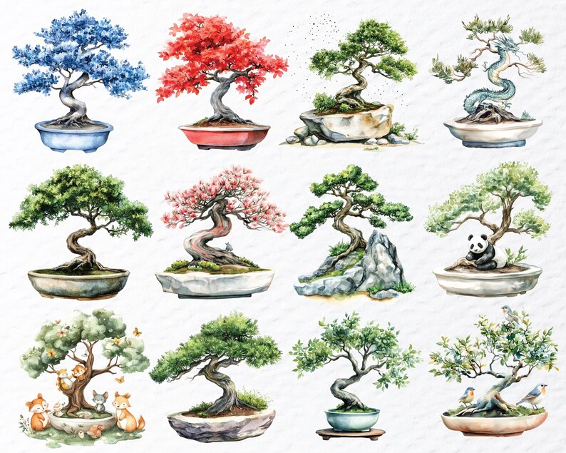Watercolor Bonsai Tree Clipart Bundle: Japanese PNG Files (digital ...