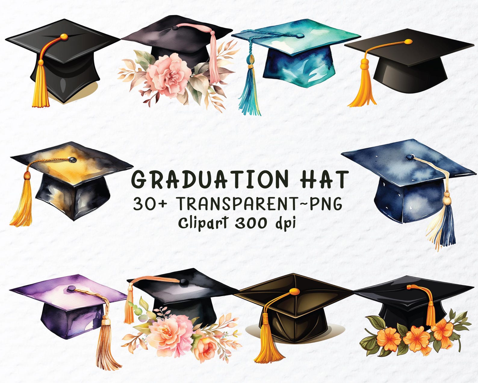 Watercolor Graduation Cap PNG Clipart Bundle (digital Download) - Etsy