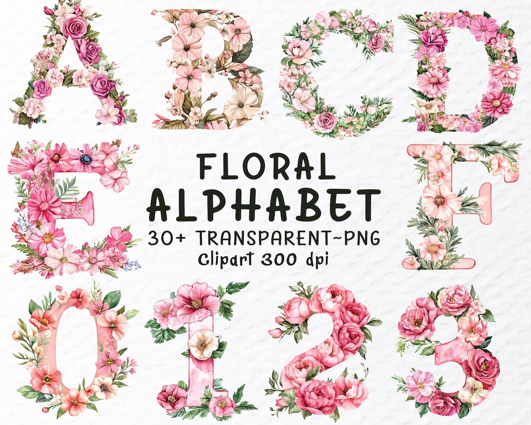 Watercolor Floral Alphabet Clipart: Transparent PNG Bundle (digital ...