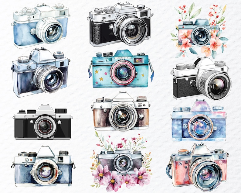 Watercolor Camera Clipart Bundle: Floral Camera PNG Files (digital ...