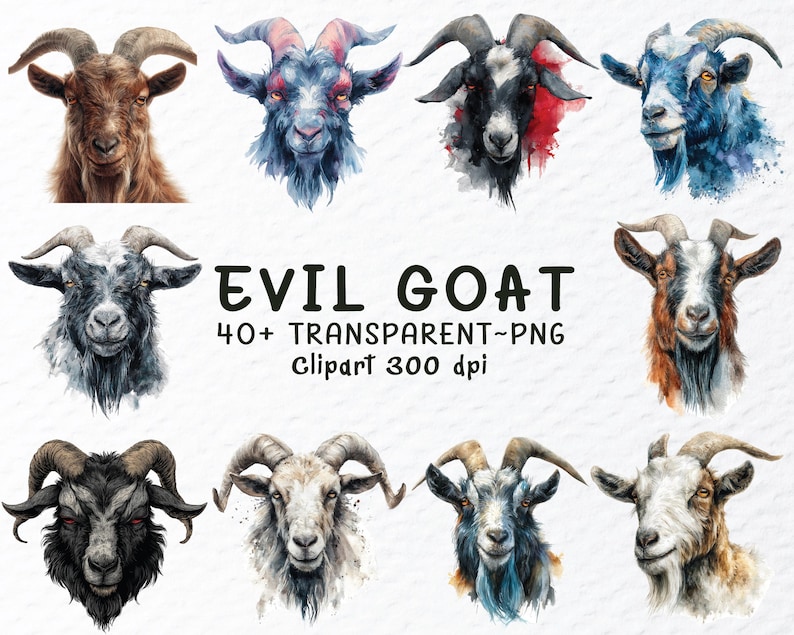 Watercolor Evil Goat Clipart PNG Bundle: Horror Decal (digital Download ...