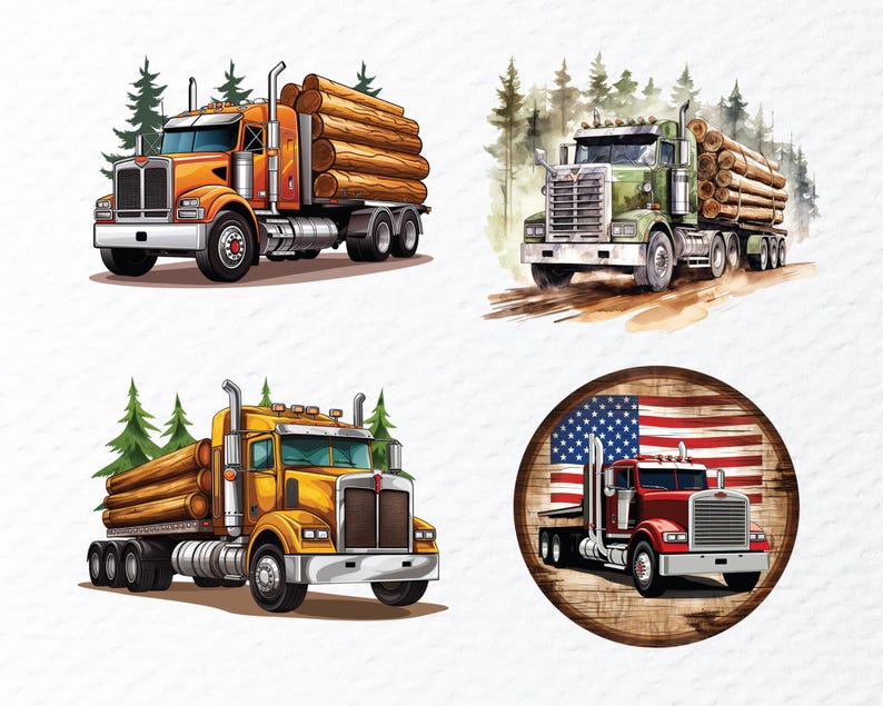 Watercolor Logging Truck Png Clipart Bundle | Logging Truck Png Files ...