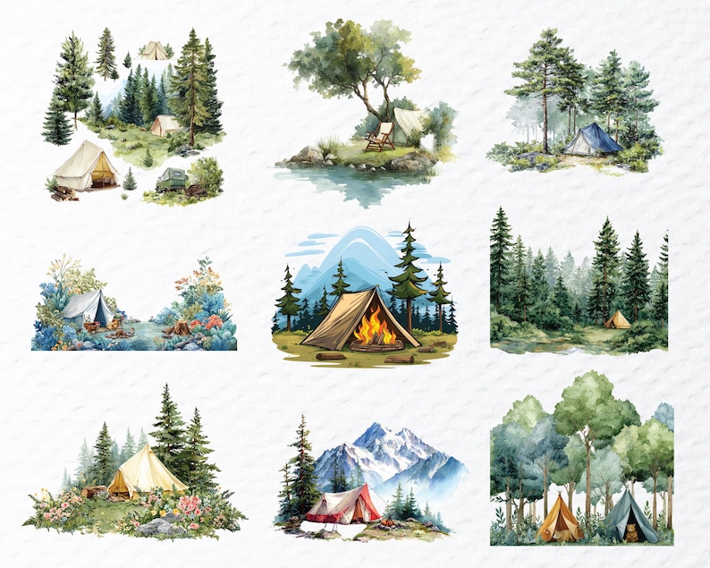 Watercolor Camping Clipart Bundle: Forest Adventure PNG Files (digital ...