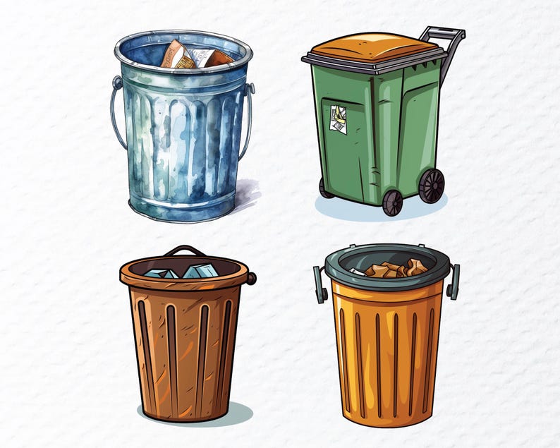 Watercolor Trash Bin Png Clipart Bundle, Trash Bin Png Files, Recycling ...