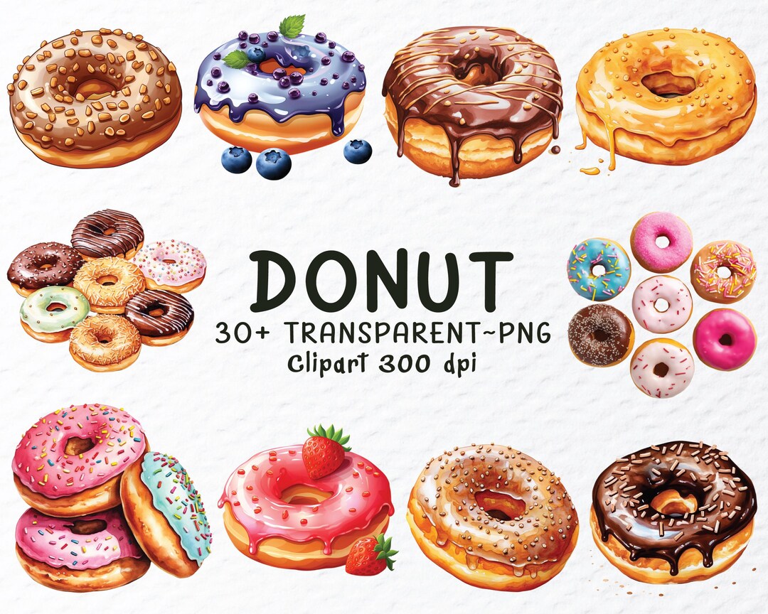 Watercolor Donut Clipart Bundle: Bakery PNG Files (1024x1024px, Digital ...