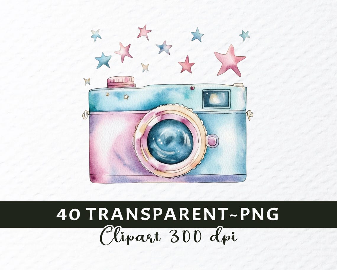 Watercolor Camera Clipart Bundle: Floral Camera PNG Files (digital ...