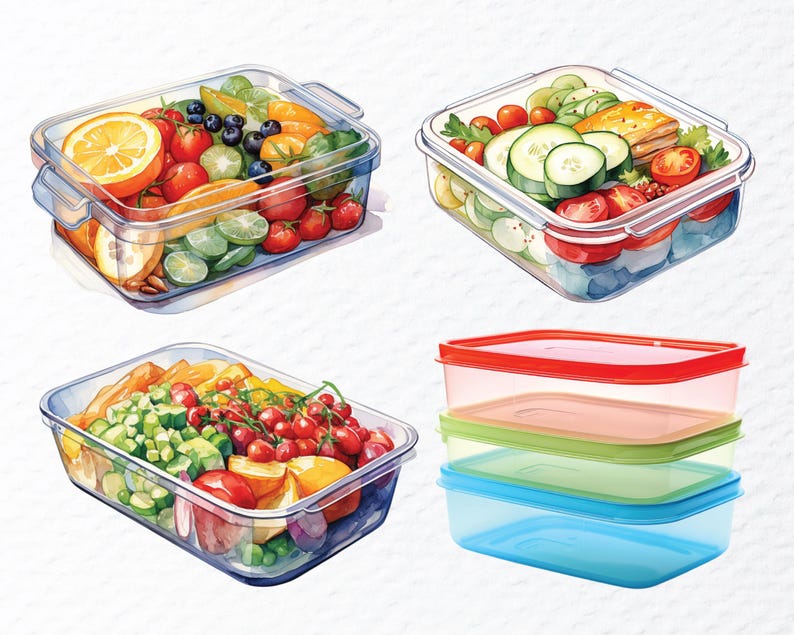Watercolor Food Container Clipart Bundle: Transparent PNG Files ...
