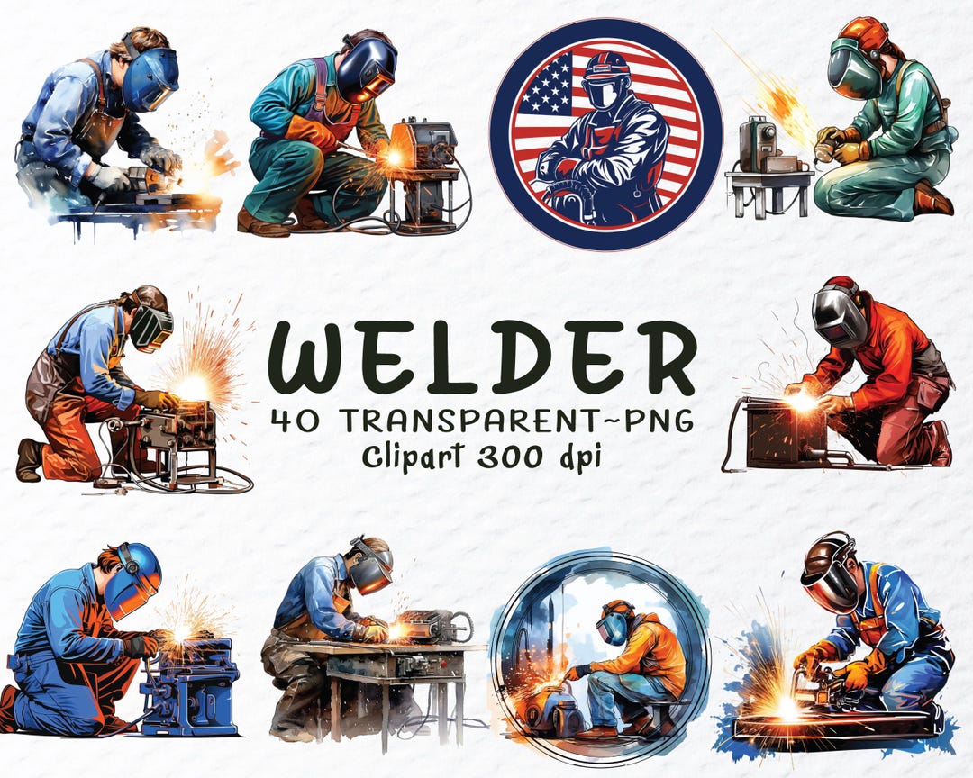 Watercolor Welder Clipart PNG Bundle: Iron Worker, Welding Decal ...