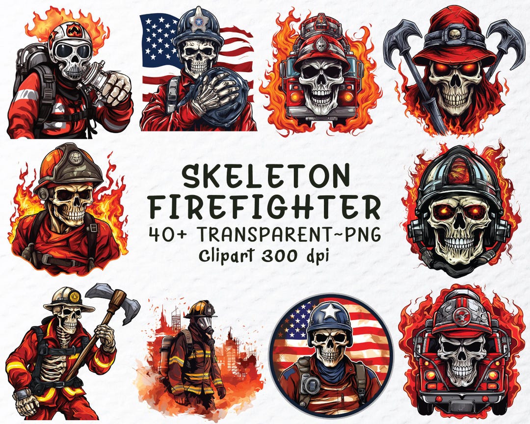 Skeleton Firefighter Clipart Bundle, Fireman Skull PNG, Gothic Hero ...