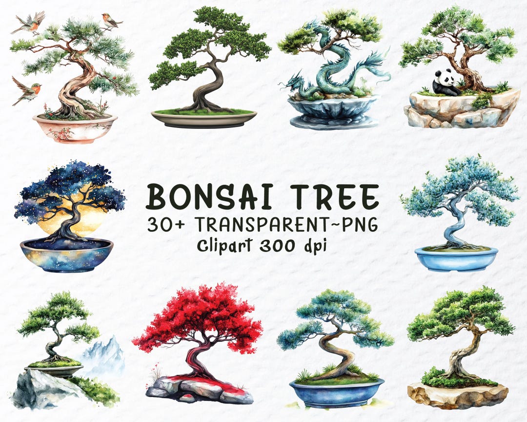 Watercolor Bonsai Tree Clipart Bundle: Japanese PNG Files (digital ...