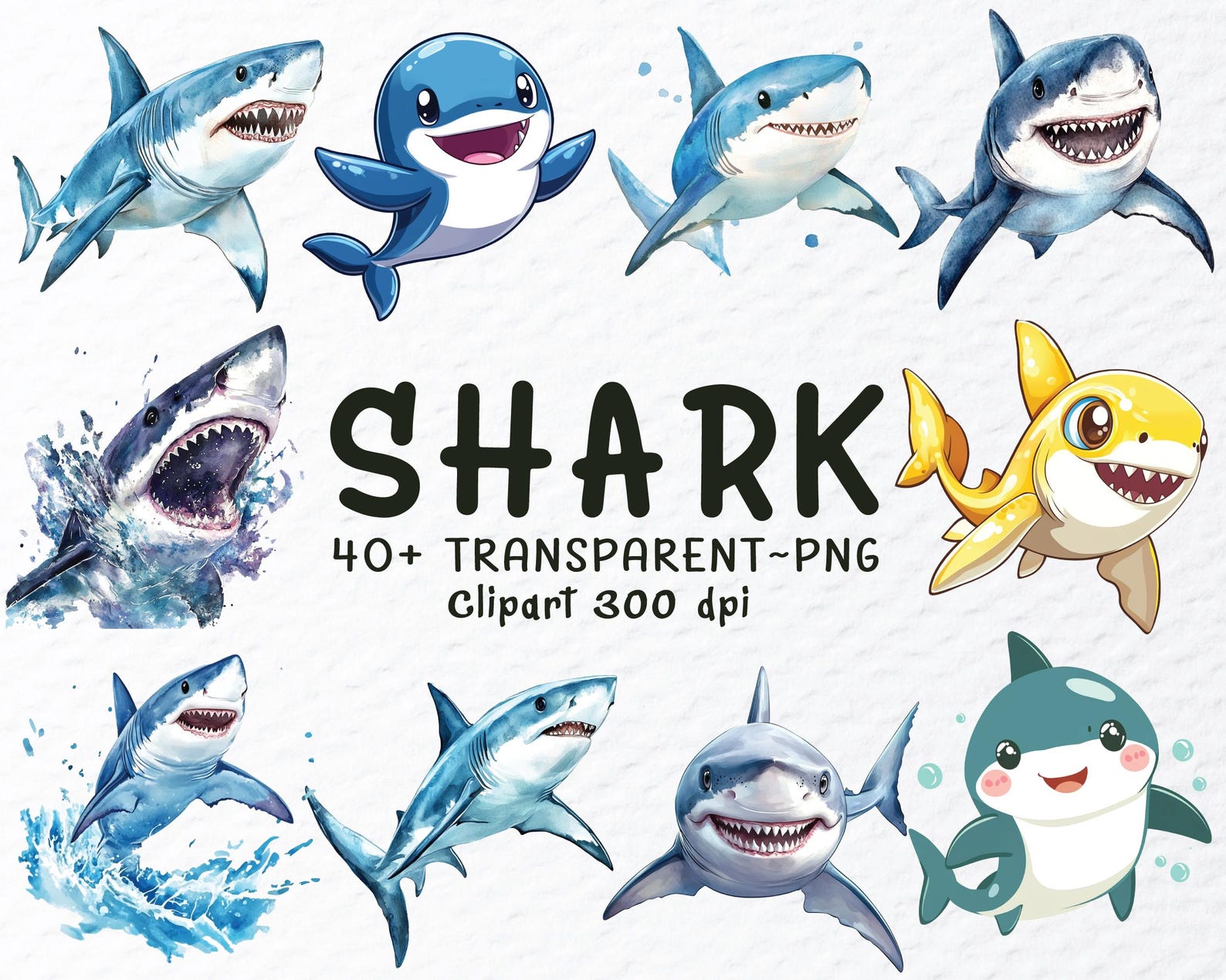 Watercolor Shark Png Clipart Bundle, Shark Png Files, Ocean Animal Png ...