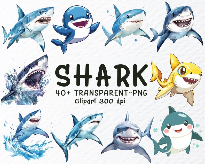 Watercolor Shark Png Clipart Bundle, Shark Png Files, Ocean Animal Png ...