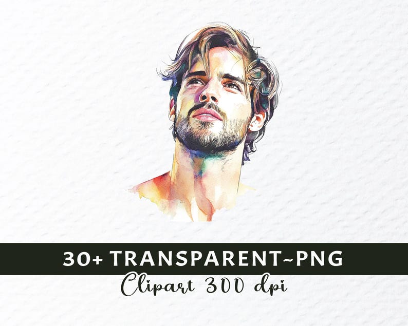 Watercolor Man Face PNG Clipart Bundle: Transparent Portrait Decals ...