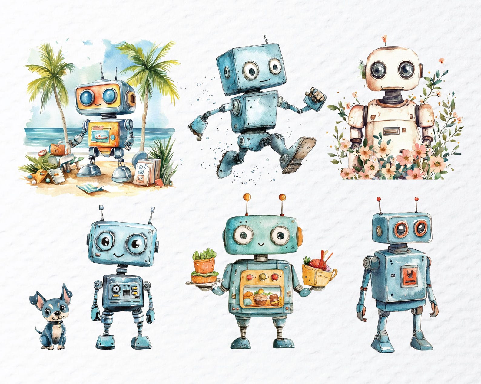 Cute Robots Png Clipart Bundle, Watercolor Cute Robot Png Files, Floral ...