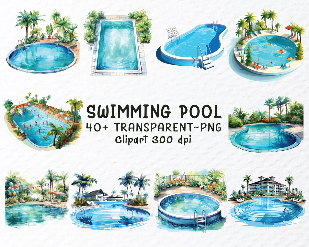 Watercolor Swimming Pool Clipart Bundle, Summer PNG Files (digital ...