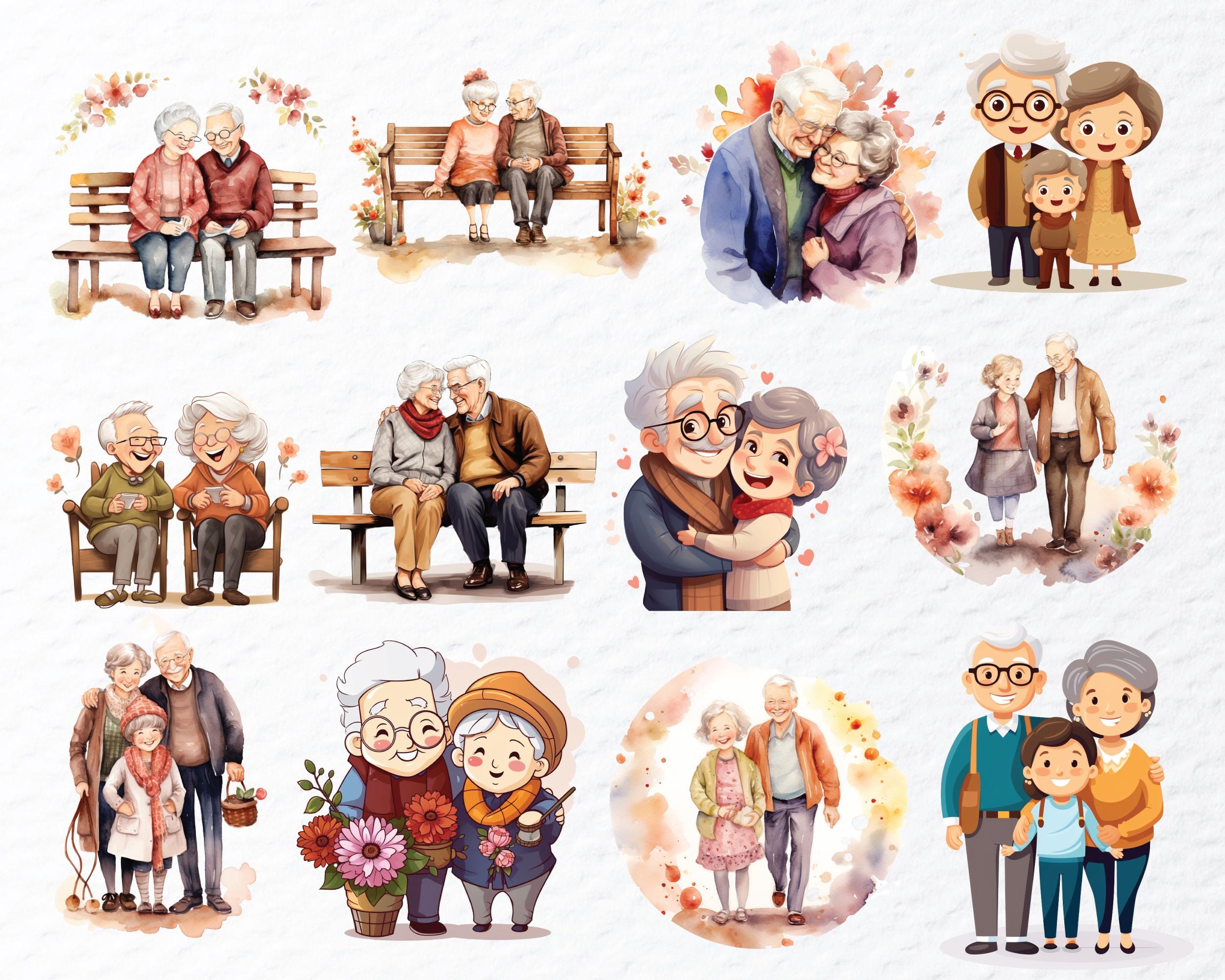 Watercolor Grandparents Clipart Bundle: Transparent PNG Files (digital ...