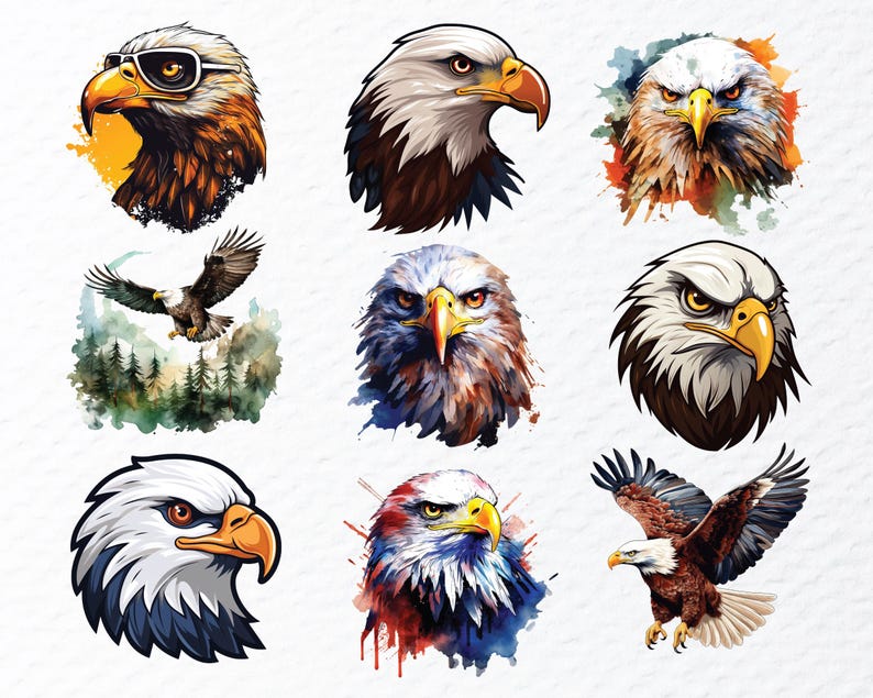 Watercolor Eagle PNG Clipart Bundle: Flying Eagle Decal (digital ...