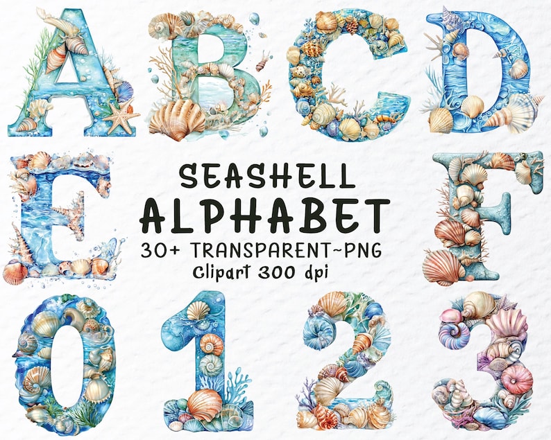 Watercolor Seashell Alphabet Clipart Bundle (PNG Files) - Etsy