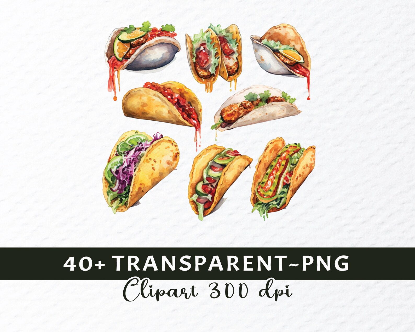 Watercolor Tacos Clipart PNG Bundle: Mexican Food Graphics (digital ...
