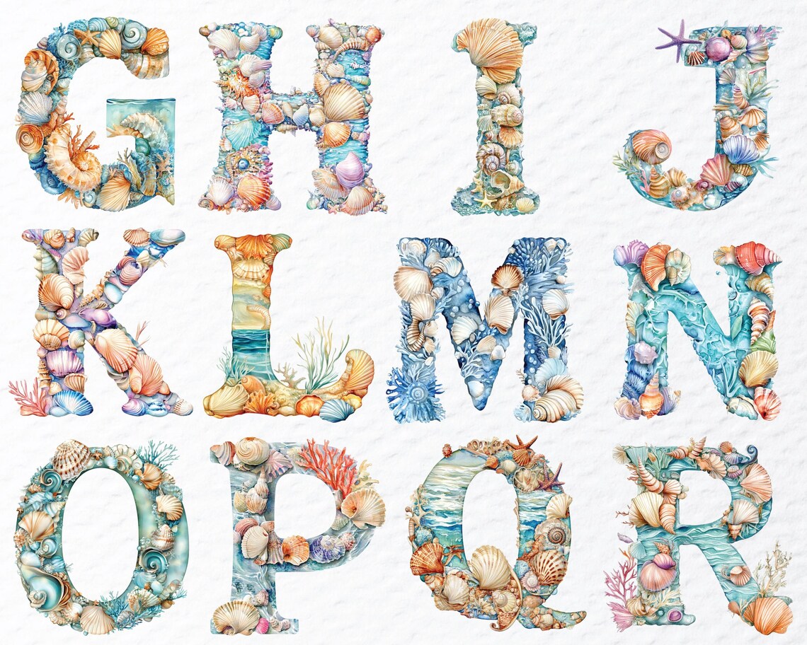Watercolor Seashell Alphabet Clipart Bundle (PNG Files) - Etsy