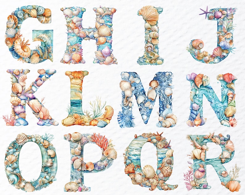 Watercolor Seashell Alphabet Clipart Bundle (PNG Files) - Etsy