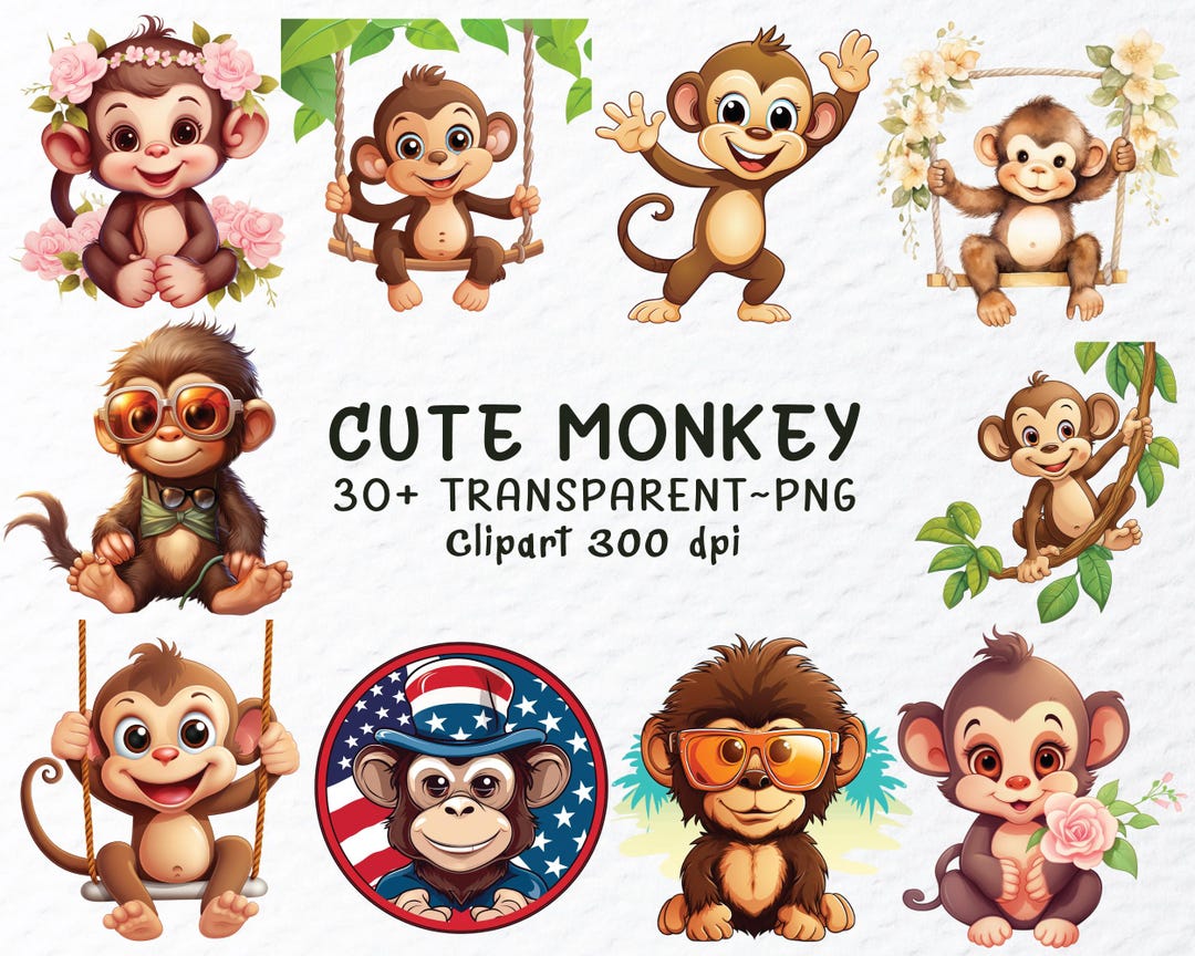 Watercolor Monkey Clipart Bundle: Safari Animal PNG Files (digital ...