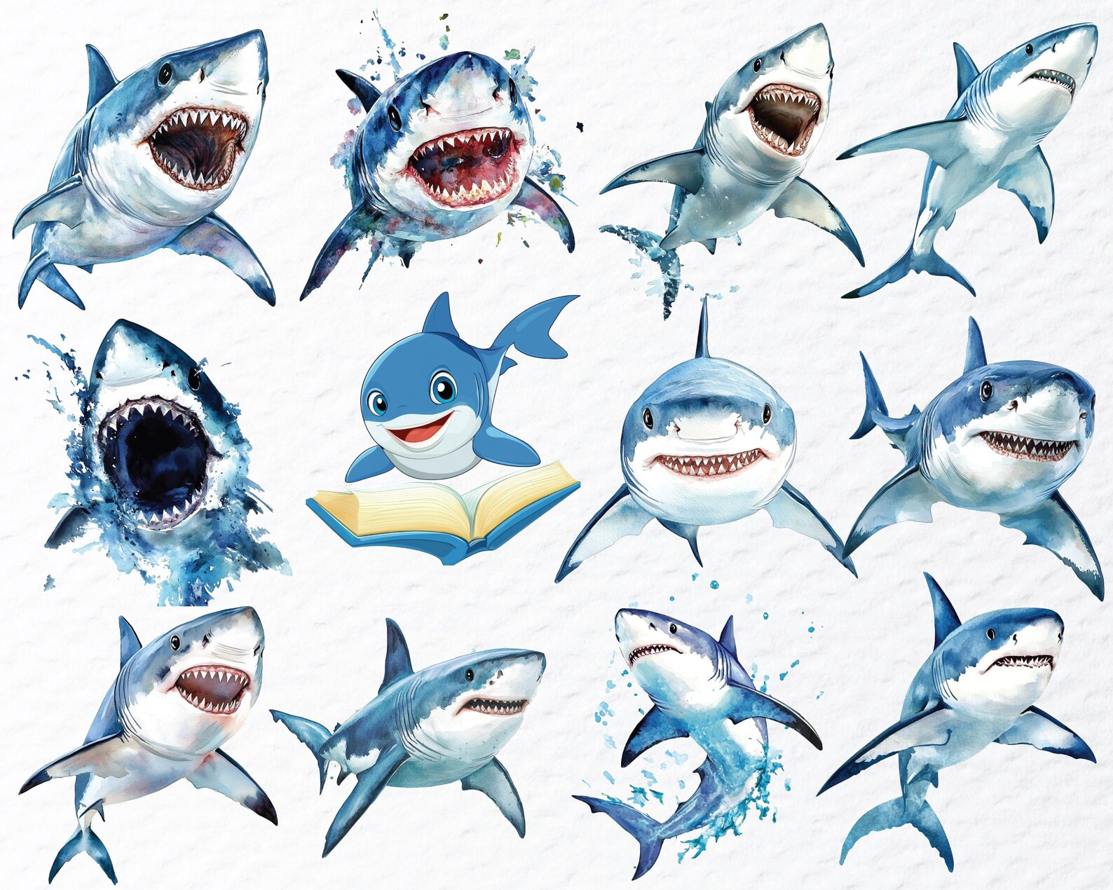 Watercolor Shark Clipart Bundle: Ocean Animal PNG Files (digital ...