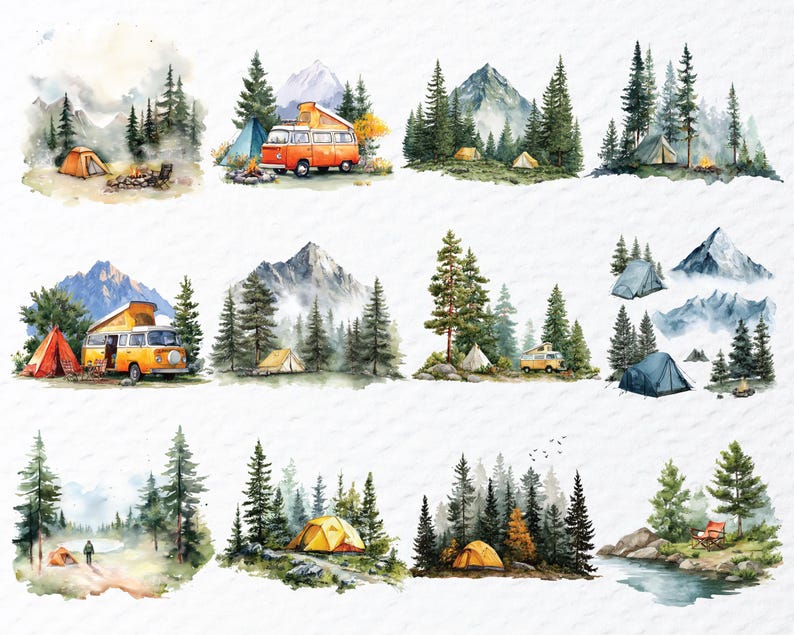 Watercolor Camping Clipart Bundle: Forest Adventure PNG Files (digital ...