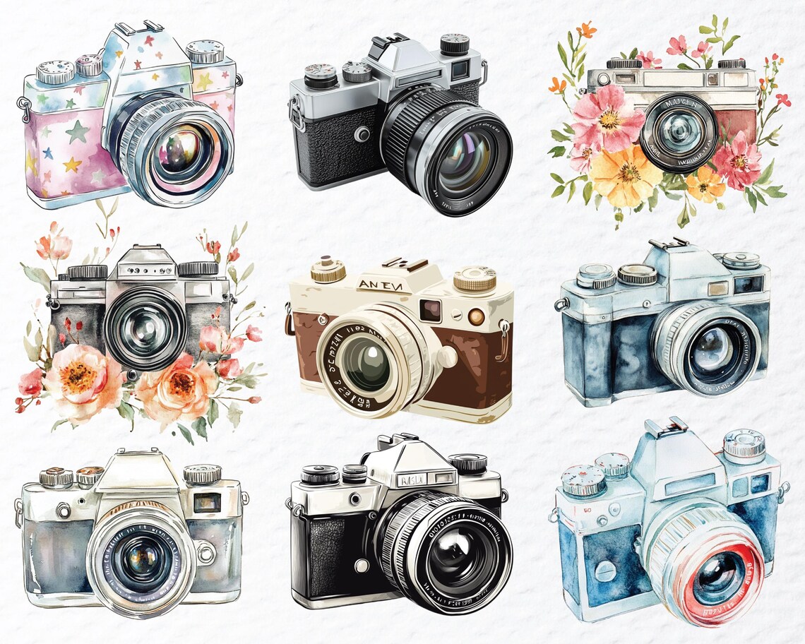 Watercolor Camera Clipart Bundle: Floral Camera PNG Files (digital ...